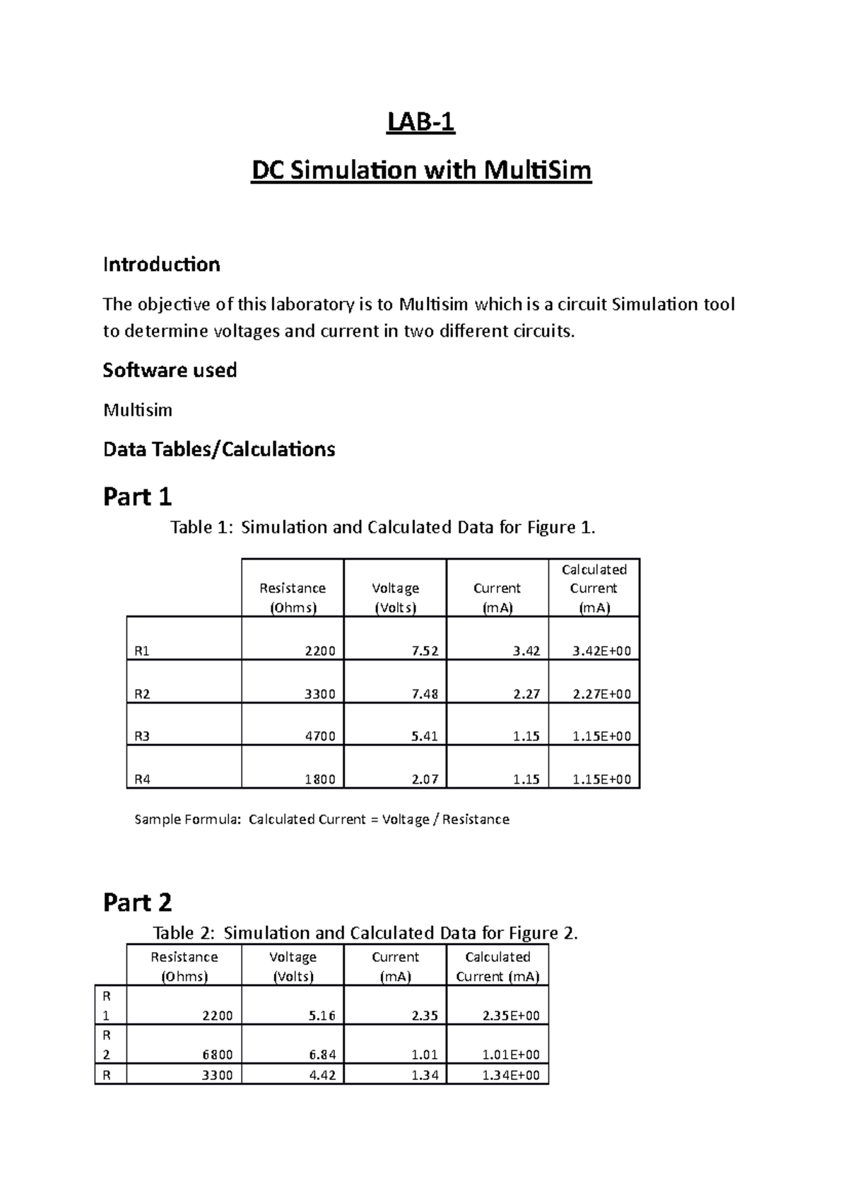 LAB 1 - Lab 1 report - LAB- DC Simulation with MultiSim Introduction The objective of this - Studocu