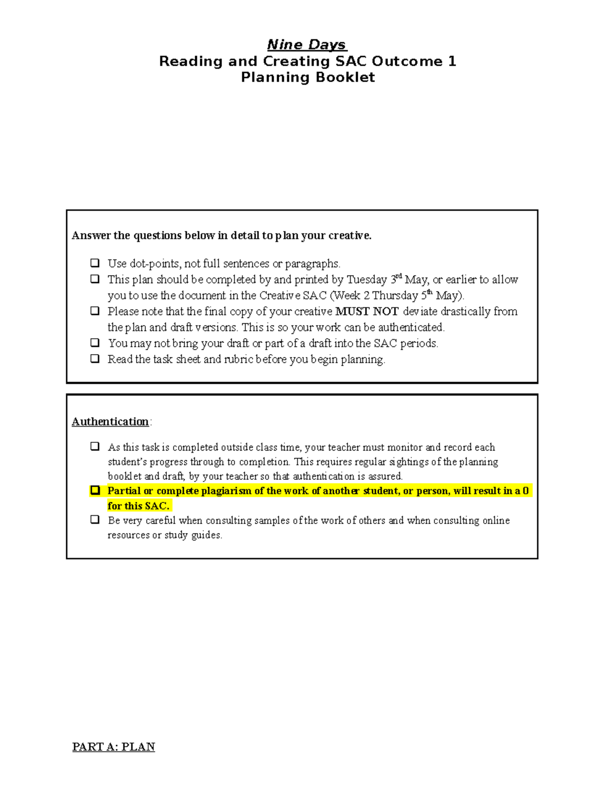 Creative SAC Plan - Nine Days Reading and Creating SAC Outcome 1 ...