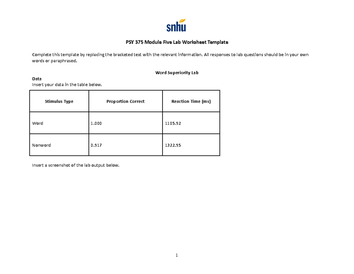 PSY 375 Module Five Lab Worksheet Template - PSY 375 Module Five Lab ...