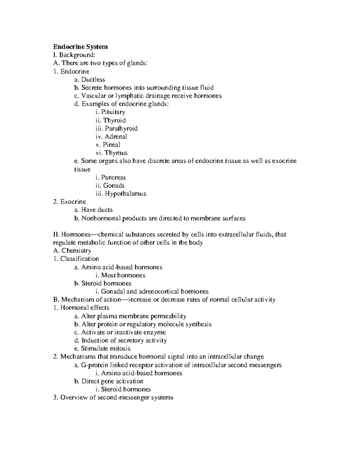 Endocrine System Notes - Endocrine System I. Background: A. There are ...