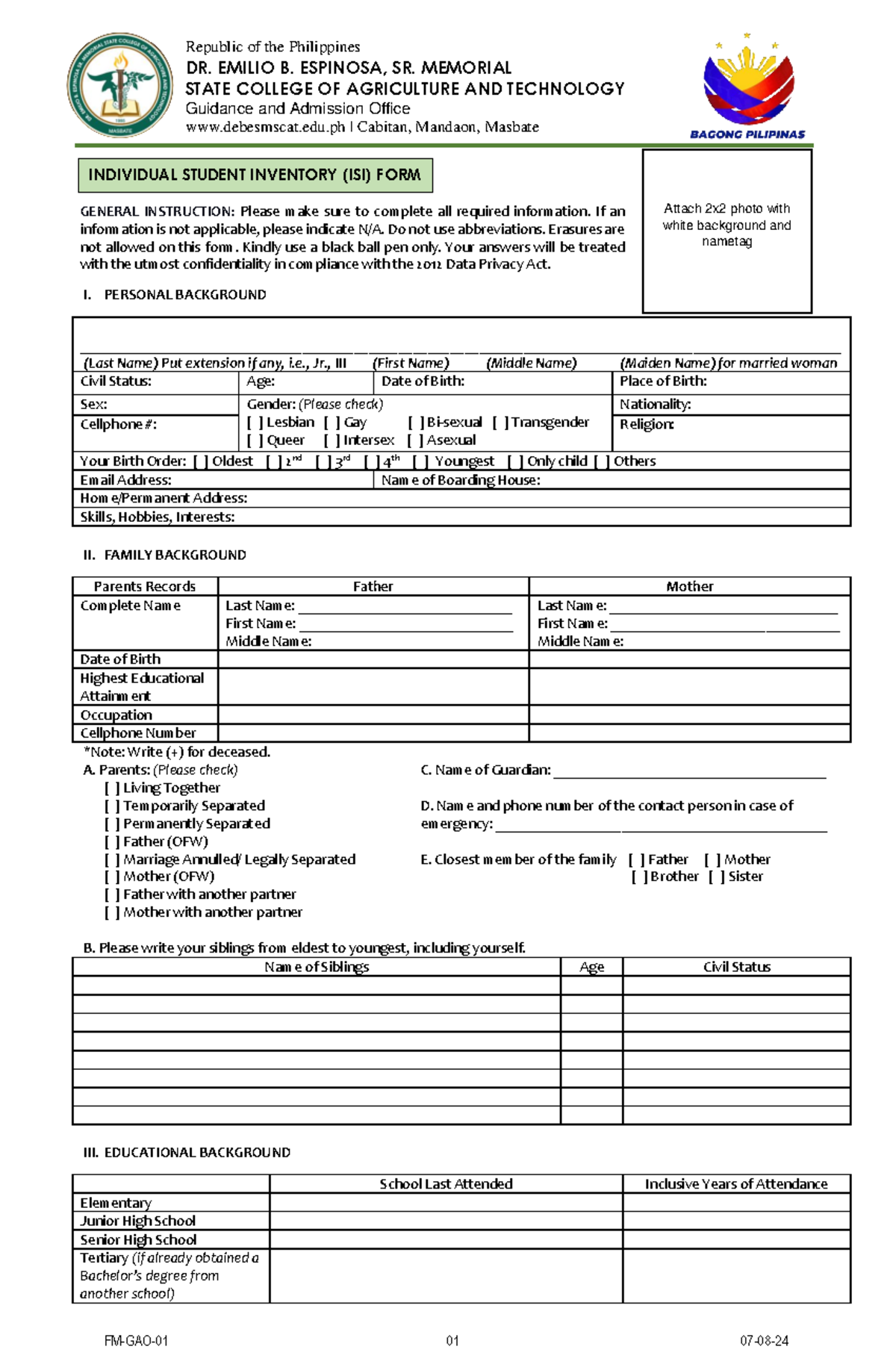 FORM 1 Individual Student Inventory FORM 2 - FM-GAO- 01 01 07 - 08 - 24 ... FORM 1 Individual Student Inventory FORM 2 - FM-GAO- 01 01 07 - 08 - 24 ...
