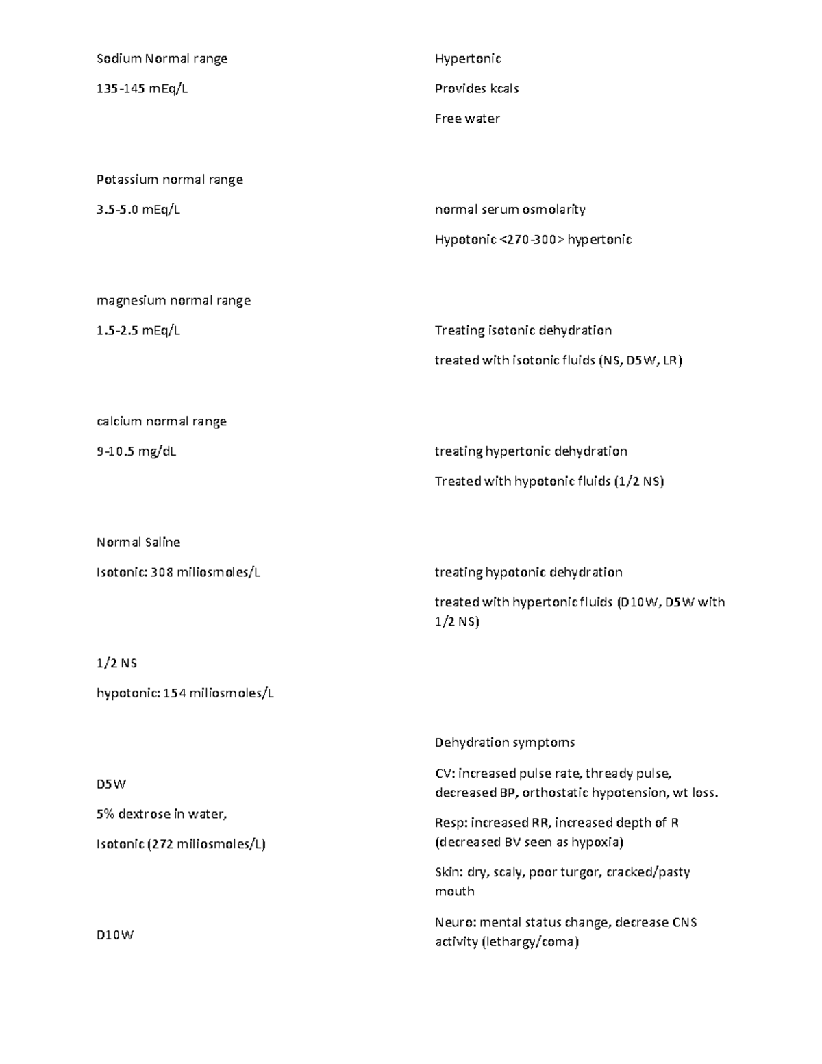 Adult EXAM 1 Nclex - Sodium Normal range 135-145 mEq/L Potassium normal ...