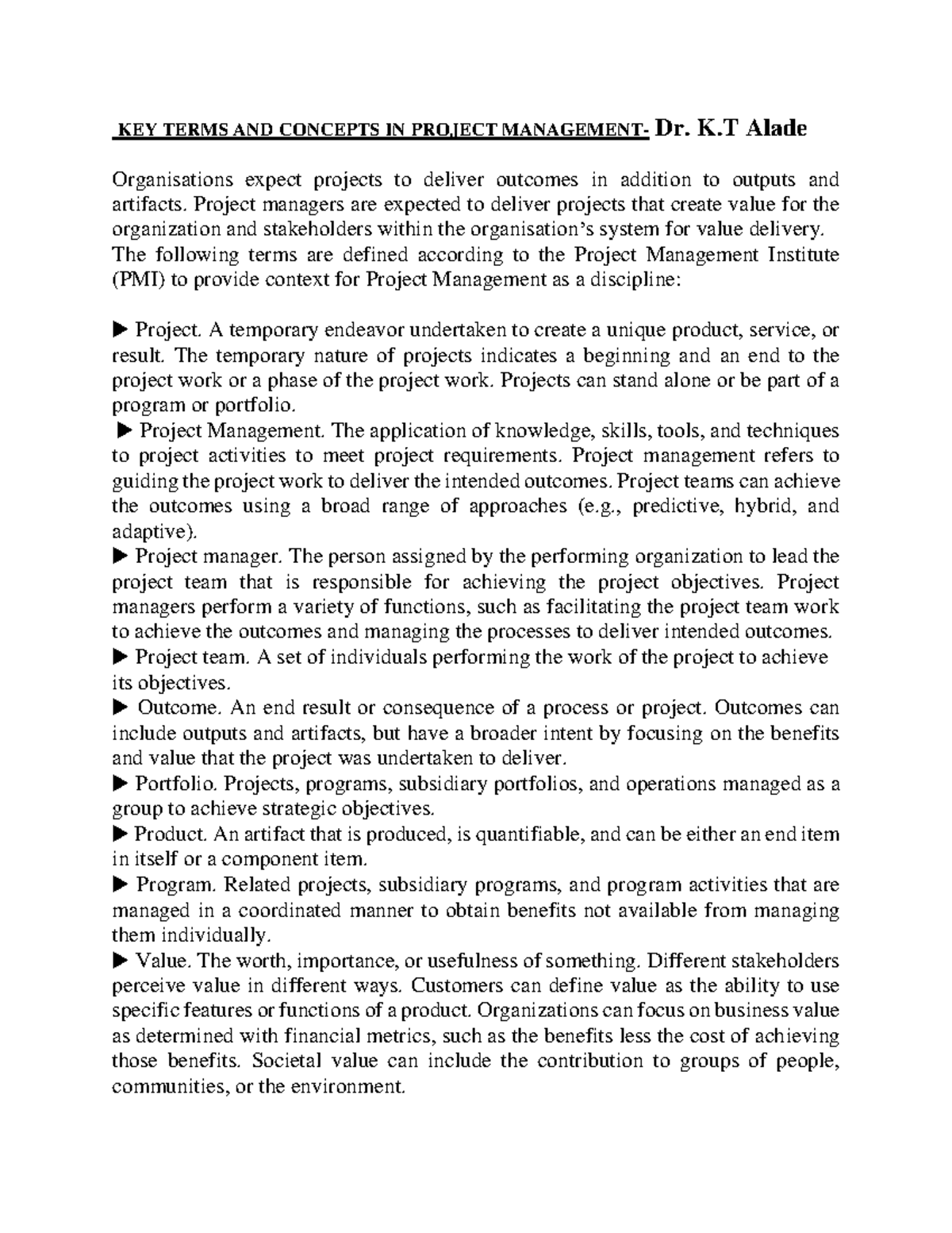 PMT 204 Key Terms in Project Management - KEY TERMS AND CONCEPTS IN ...