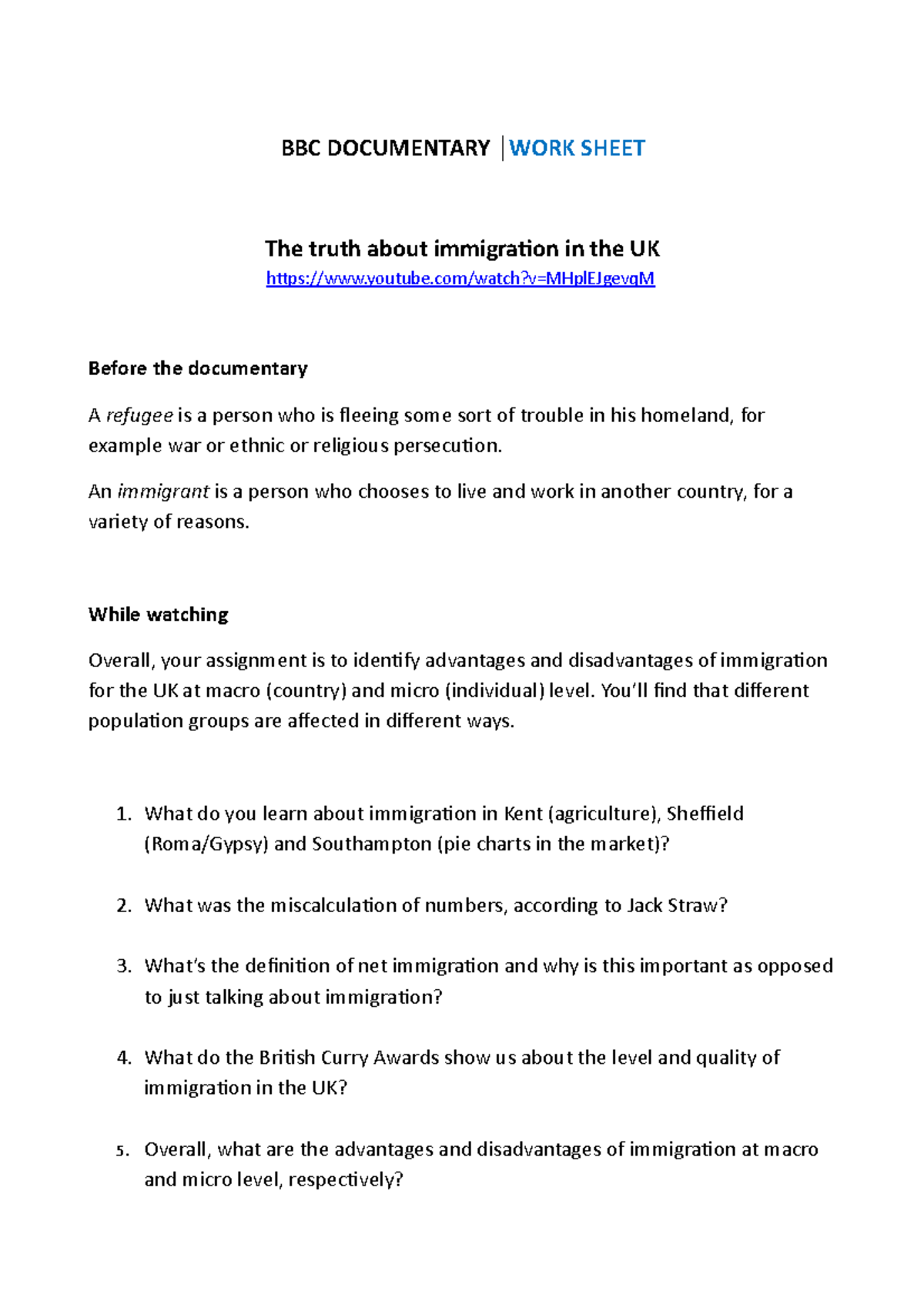1 Immigration-UK BBC-documentary work-sheet 1 - BBC DOCUMENTARY │WORK ...