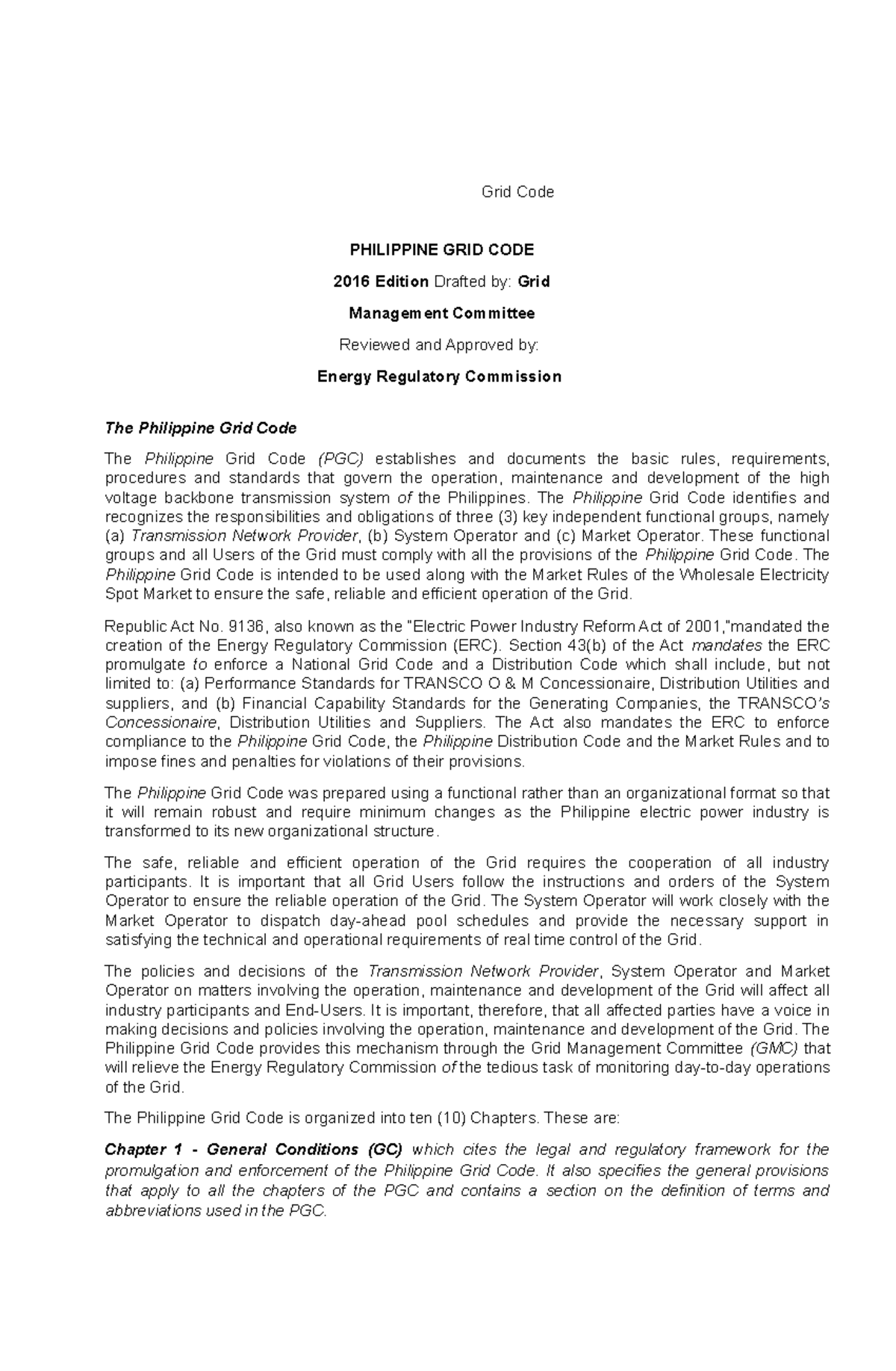 Grid Code - Lecture notes in Grid Code - Grid Code PHILIPPINE GRID CODE ...