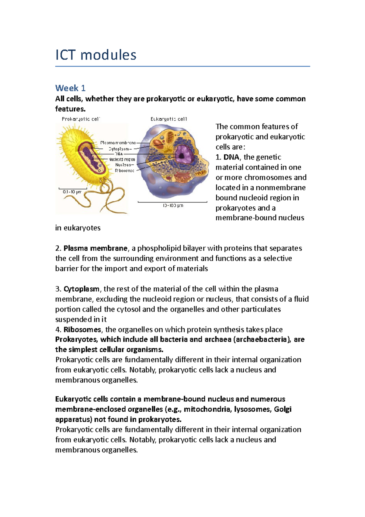 Summary - ict modules - ICT modules Week 1 All cells, whether they are ...