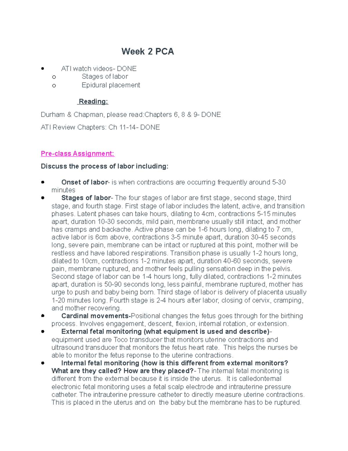 #306 PCA 2 - PCA week 2 - Week 2 PCA ATI watch videos- DONE o Stages of ...