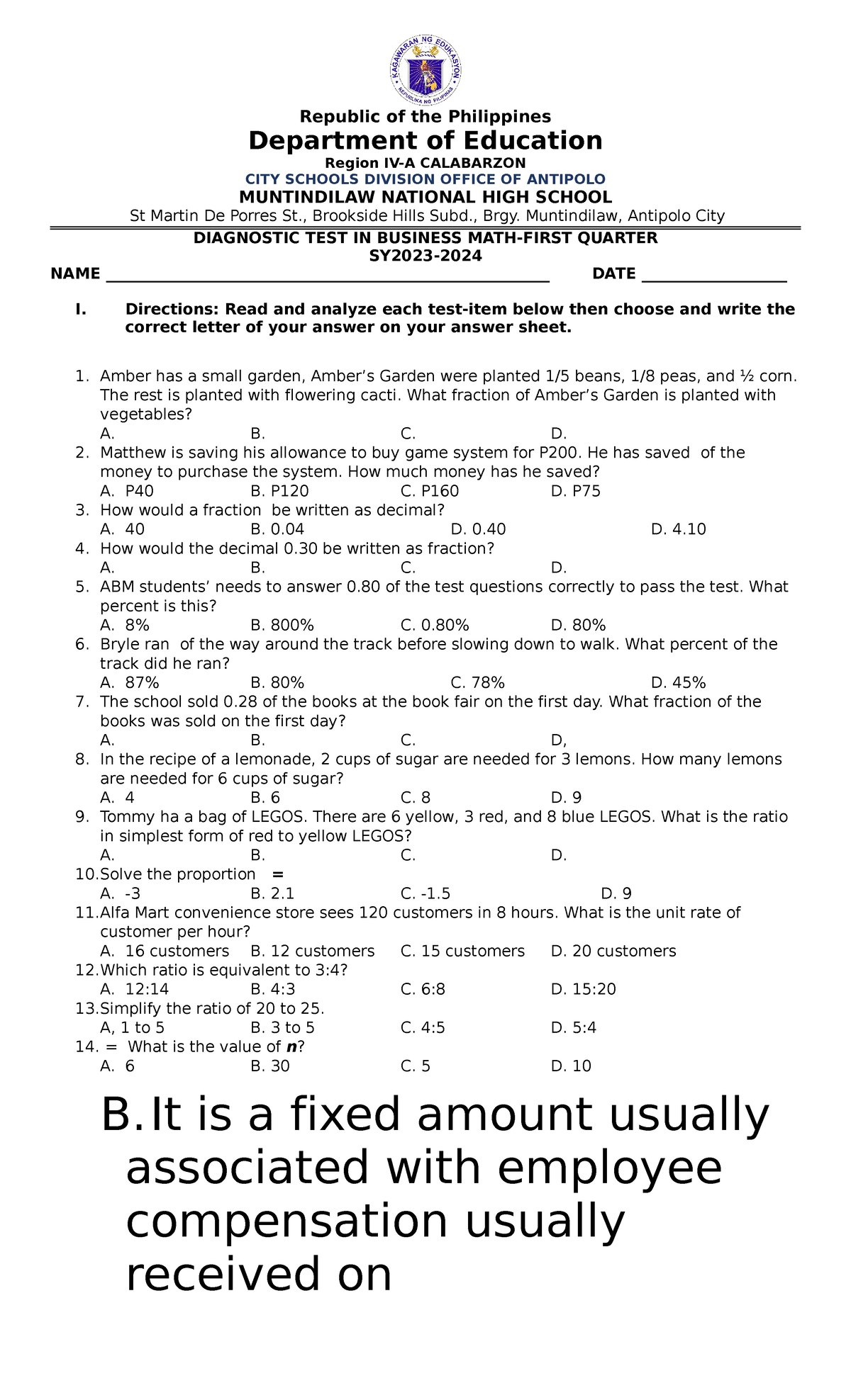 Diagnostic TEST IN Business MATH - Republic of the Philippines ...