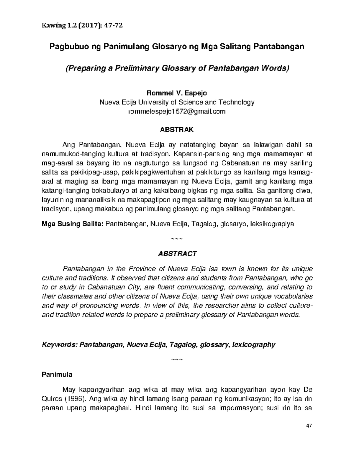 R v espejo kawing 1 2 - Kawíng 1 (2017): 47 - Pagbubuo ng Panimulang ...