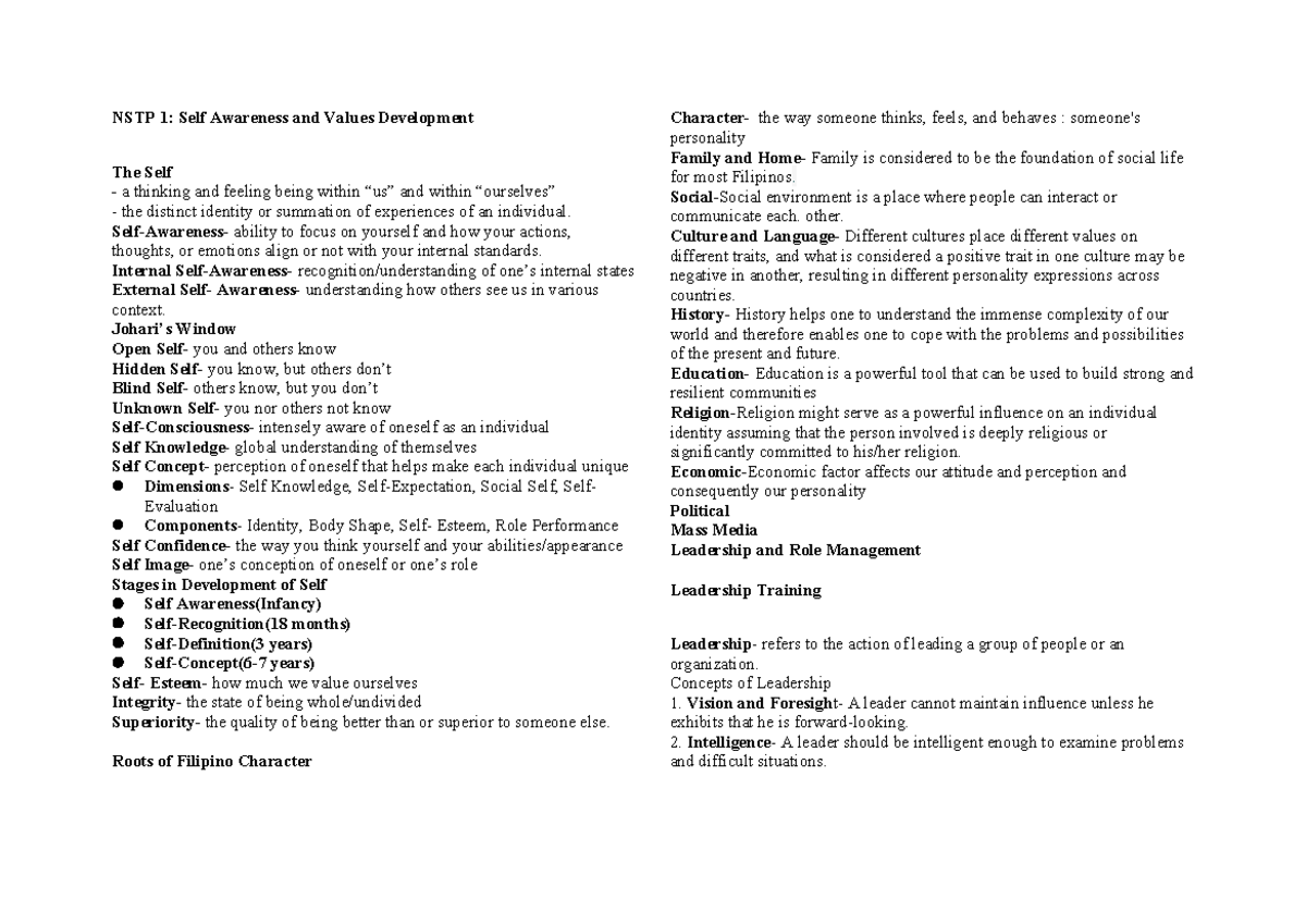 NSTP 1 Reviewer - NSTP 1: Self Awareness and Values Development The ...