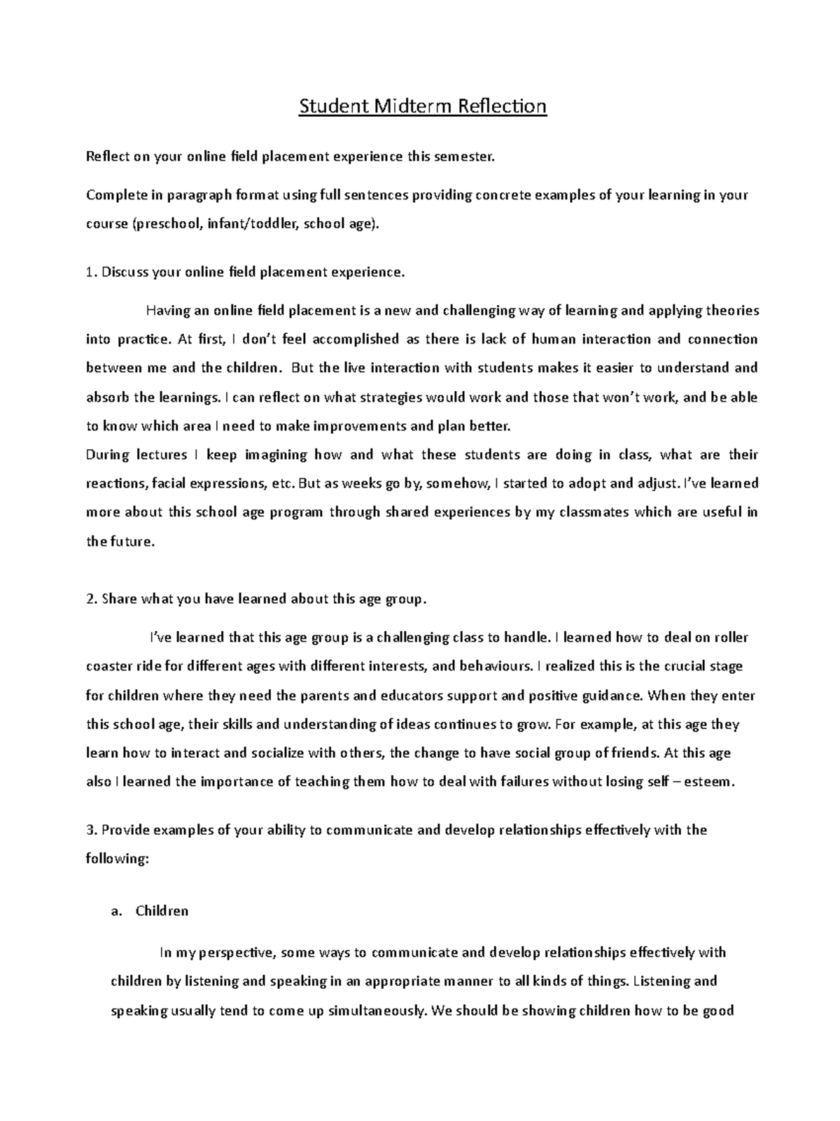 Student Midterm Reflection - Student Midterm Reflection Reflect on your ...