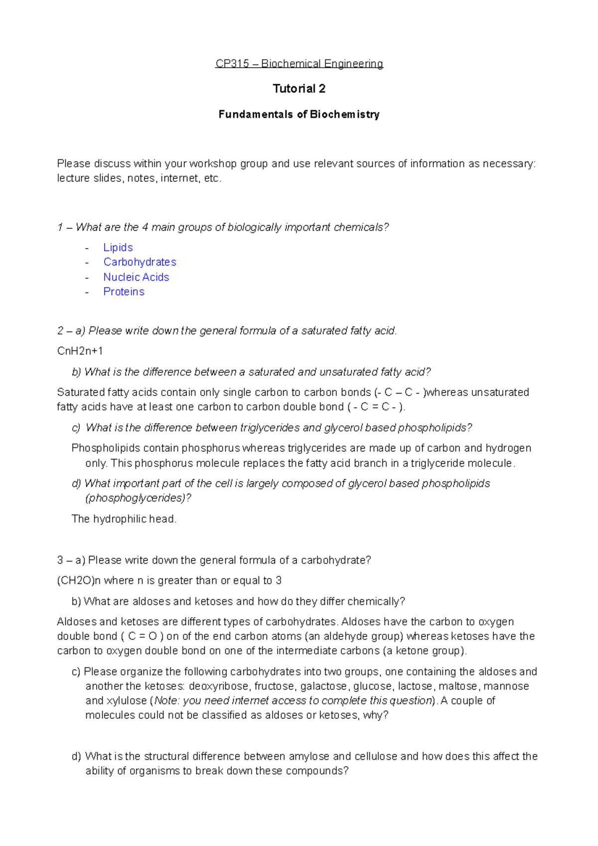 Tutorial 2 Biochemistry - CP315 – Biochemical Engineering Tutorial 2 ...