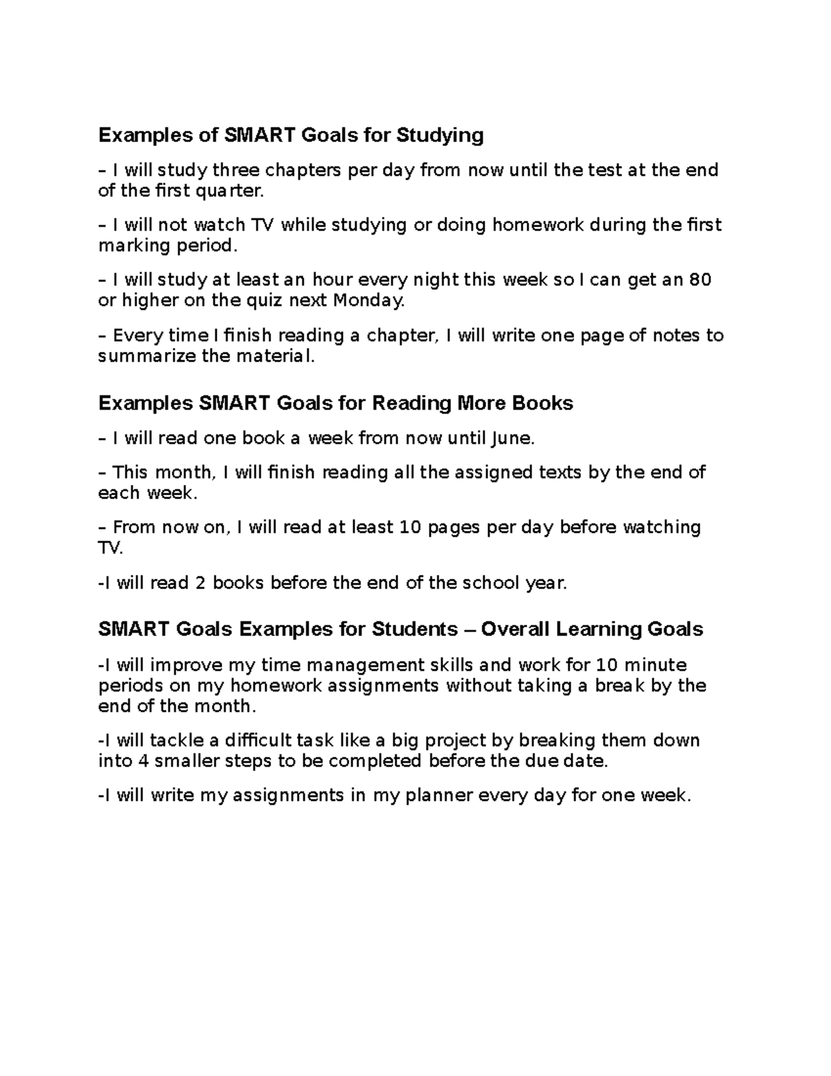 Smart Goal Examples - Examples of SMART Goals for Studying I will study ...
