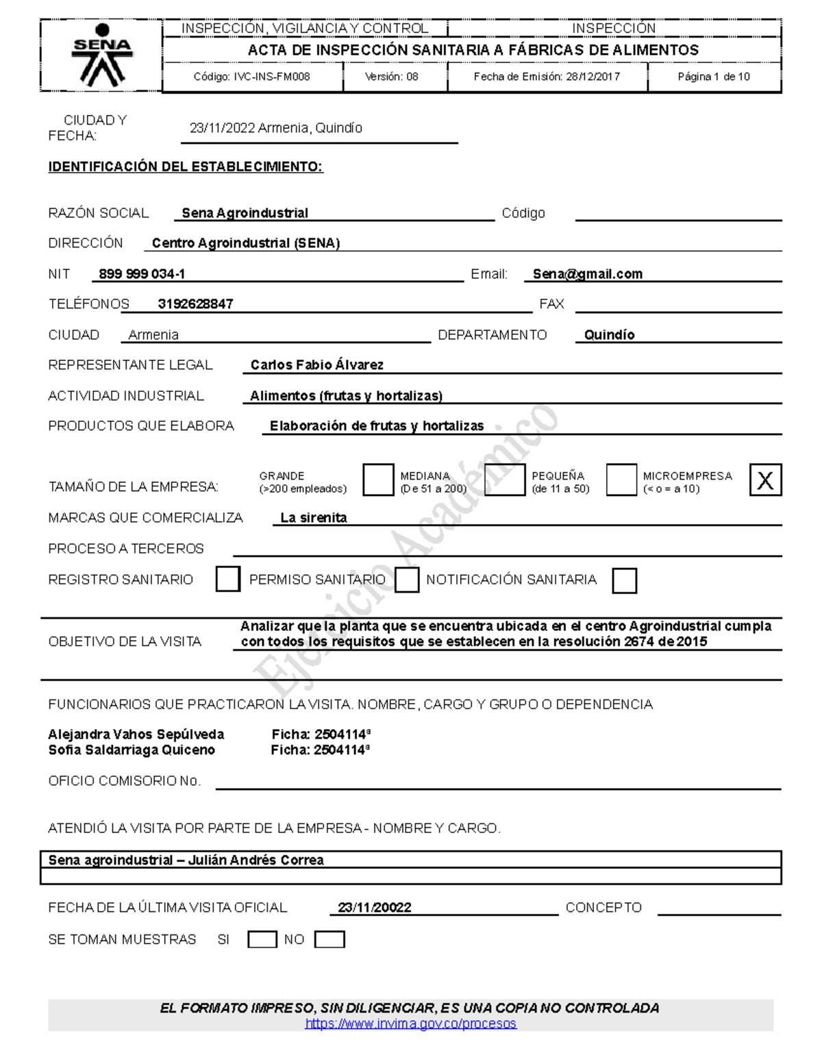 Diagnóstico BPM - ........... - ACTA DE INSPECCIÓN SANITARIA A FÁBRICAS ...