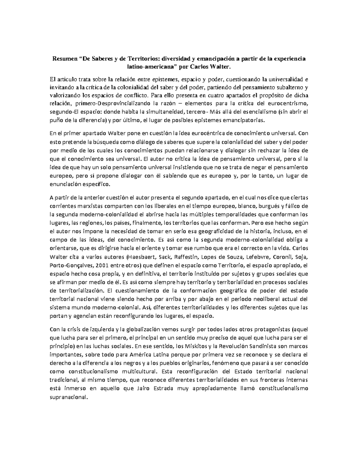 Resumen-De Saberes y de Territorios de Carlos Walter - Warning: TT: undefined function: 32 ...