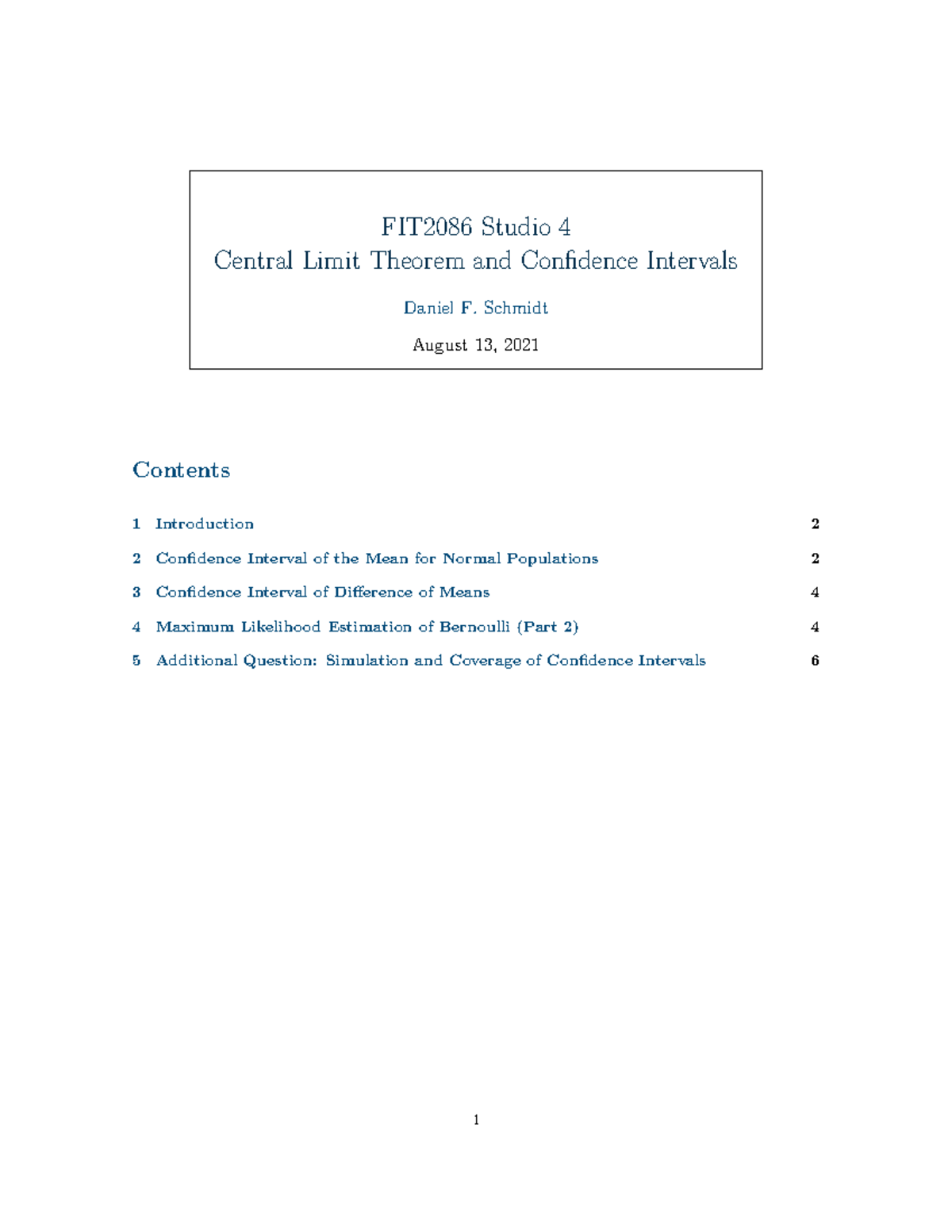 Studio 4 Questions with Solutions - FIT2086 Studio 4 Central Limit Theorem and Confidence ...
