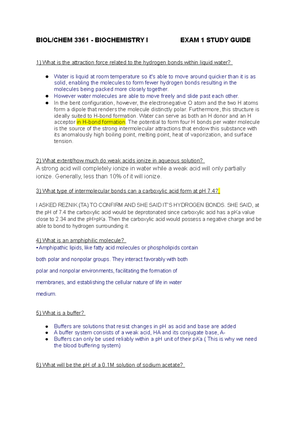 Biochem Exam 1 Study Guide - BIOL/CHEM 3361 - BIOCHEMISTRY I EXAM 1 ...