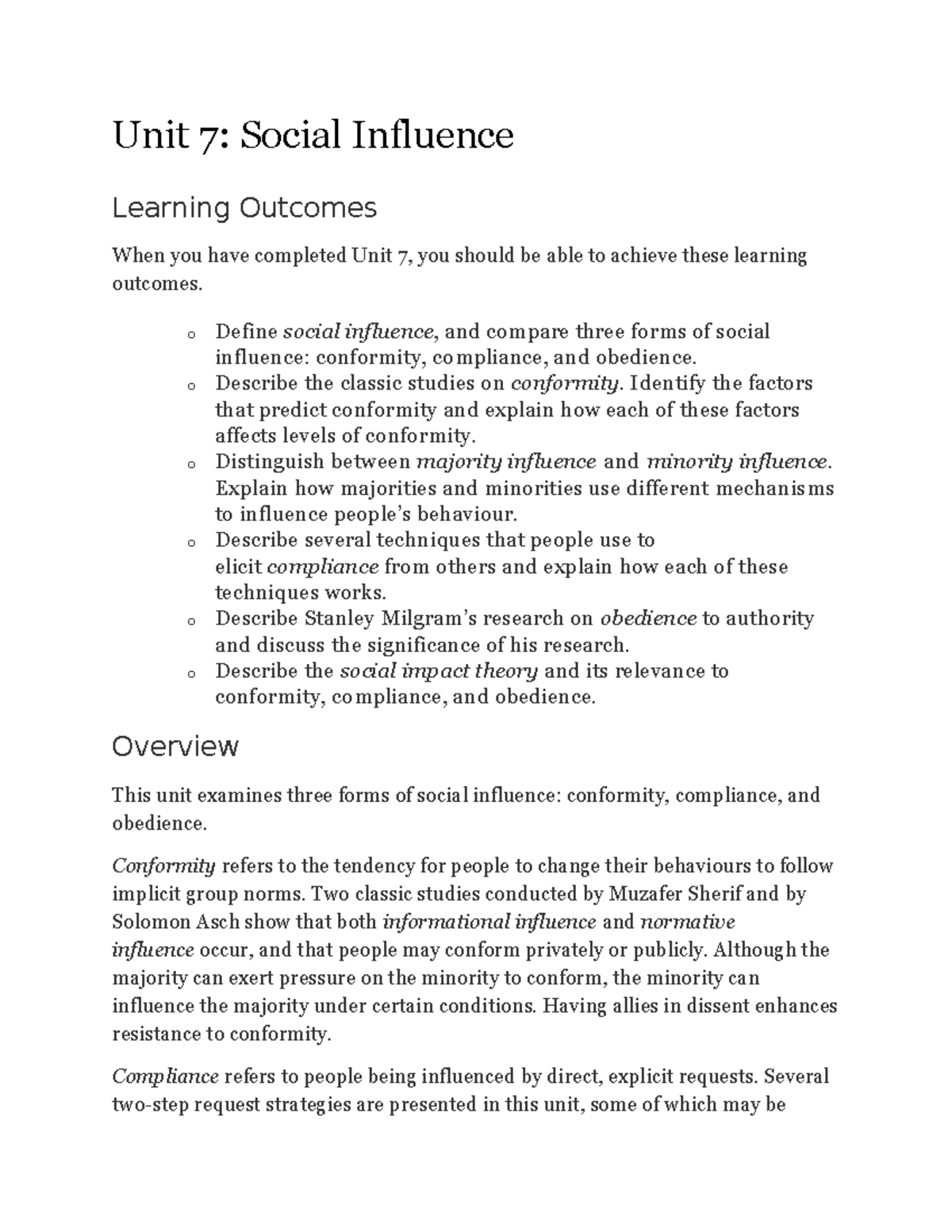 CH 7-9 Study Guide - Unit 7: Social Influence Learning Outcomes When ...