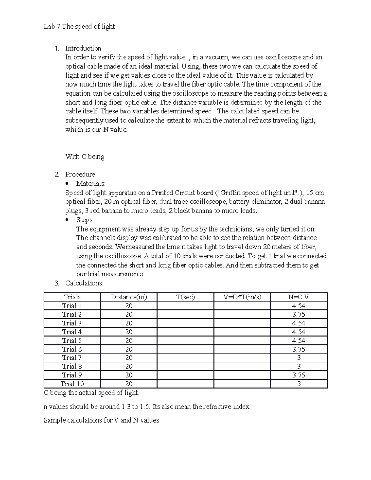 Physics lab report 7 - Lab 7 The speed of light Introduction In order ...