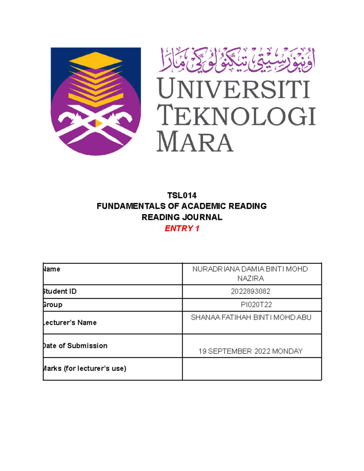 Journal entry 1 - TSL FUNDAMENTALS OF ACADEMIC READING READING JOURNAL ...