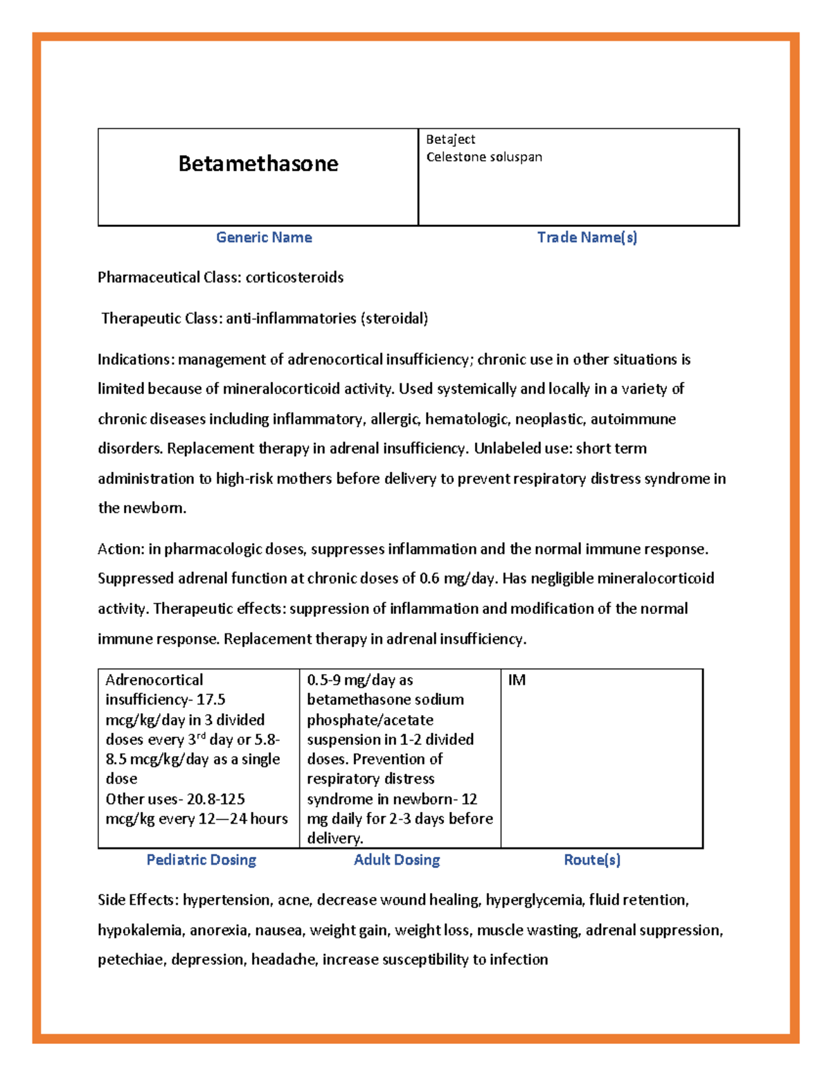 Week 3 OB Medication Cards - Betamethasone Betaject Celestone soluspan ...