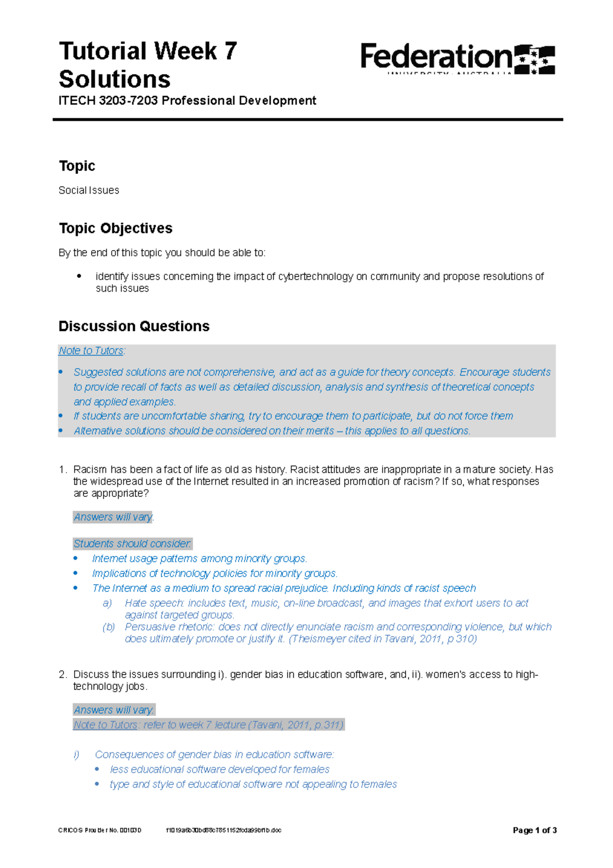 Itech3002 Tutorial 3 Tutorial Week 7 Solutions Itech 3203 7203 Professional Development Topic 