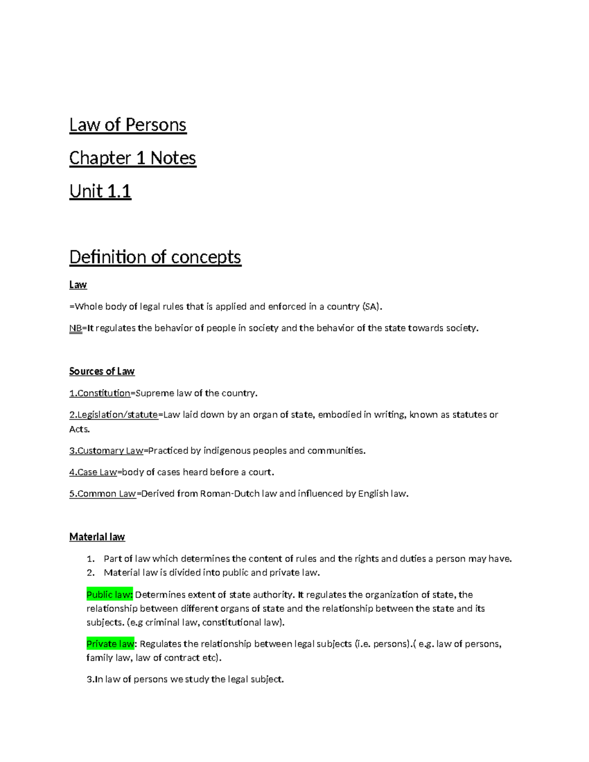 Law of Persons 110 - Law of Persons Chapter 1 Notes Unit 1. Definition ...