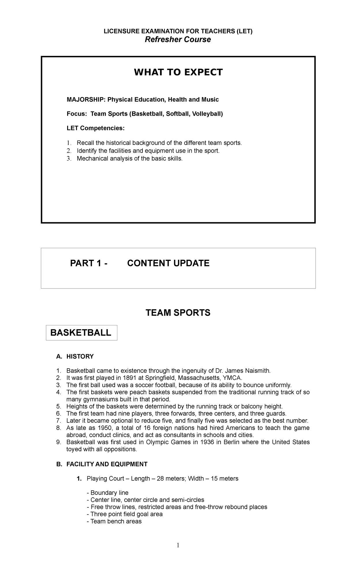 PE LET material TEAM Sports with TOS - LICENSURE EXAMINATION FOR ...