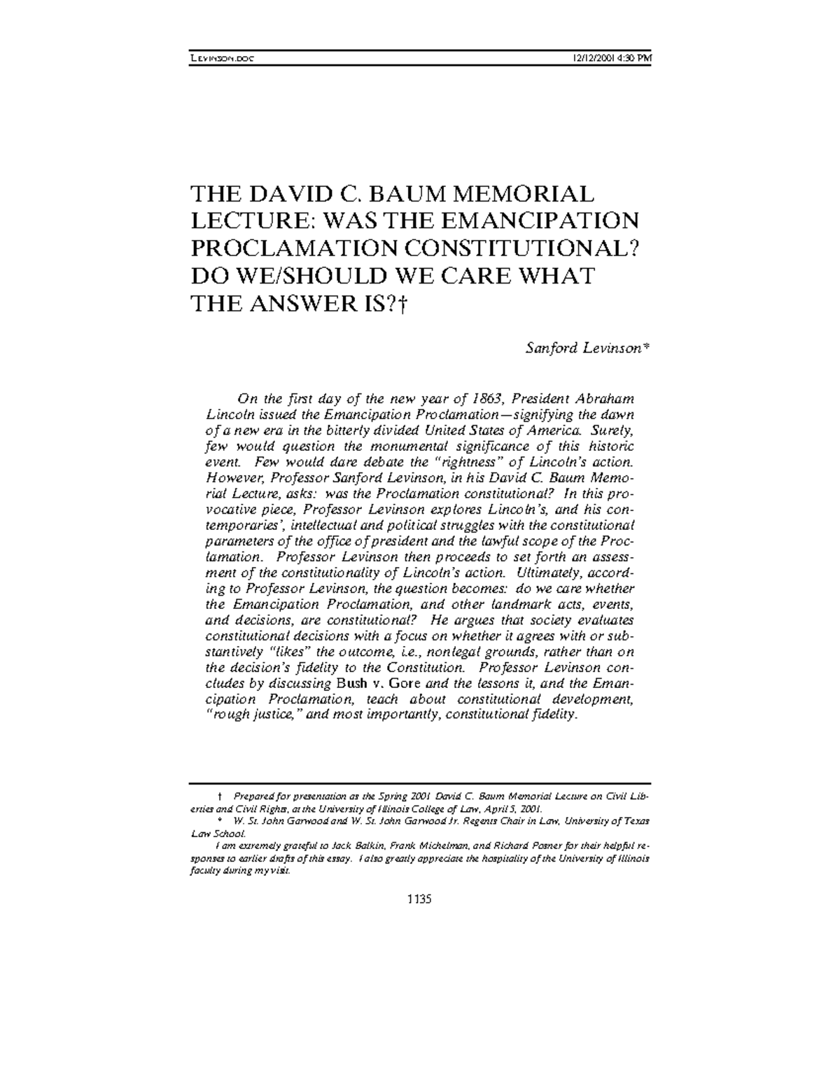 Levinson - Summaries - 1135 THE DAVID C. BAUM MEMORIAL LECTURE: WAS THE ...