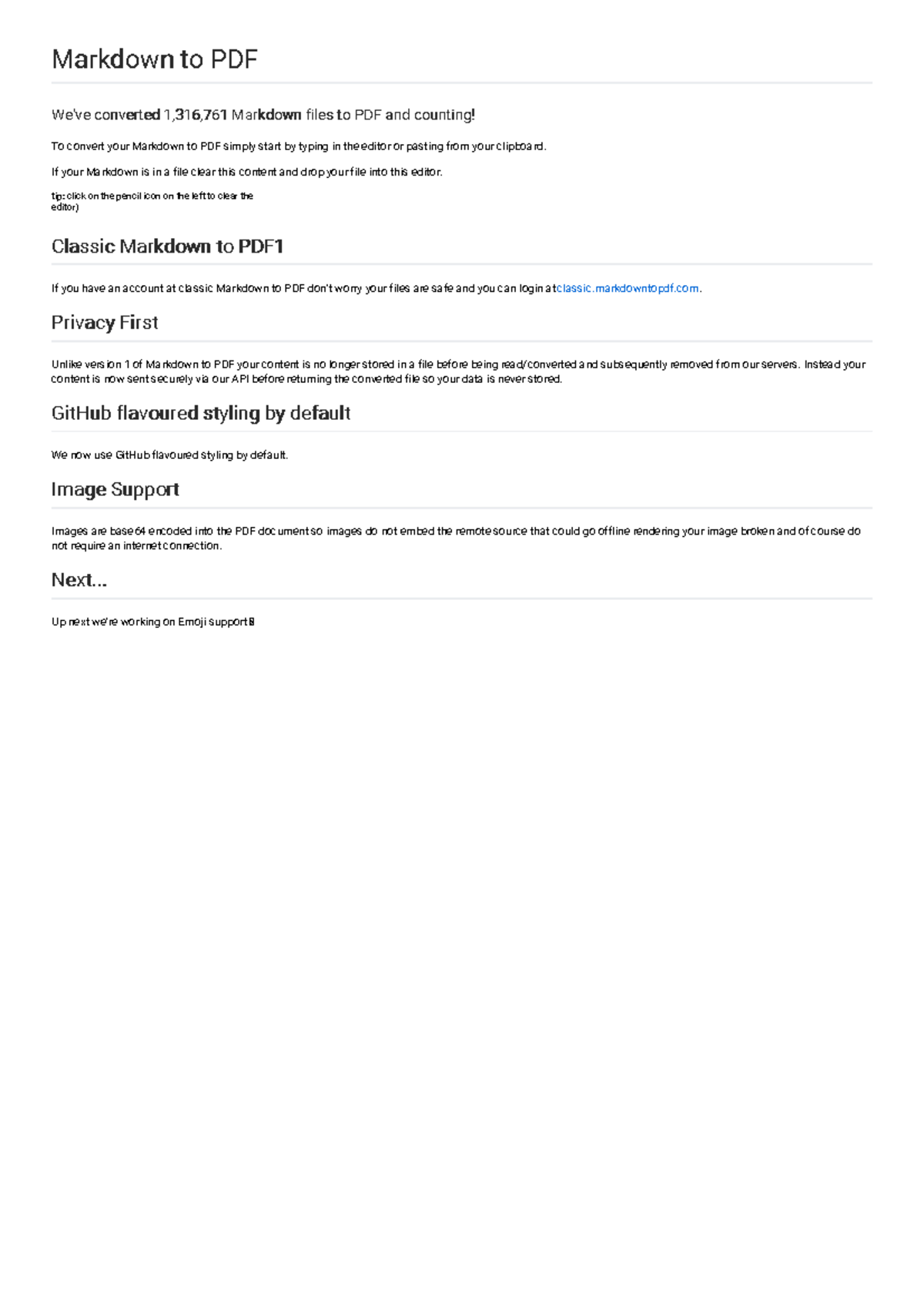 Markdown to Pdf - Markdown to PDFMarkdown to PDF We've converted 1,316,761 Markdown files to PDF ...