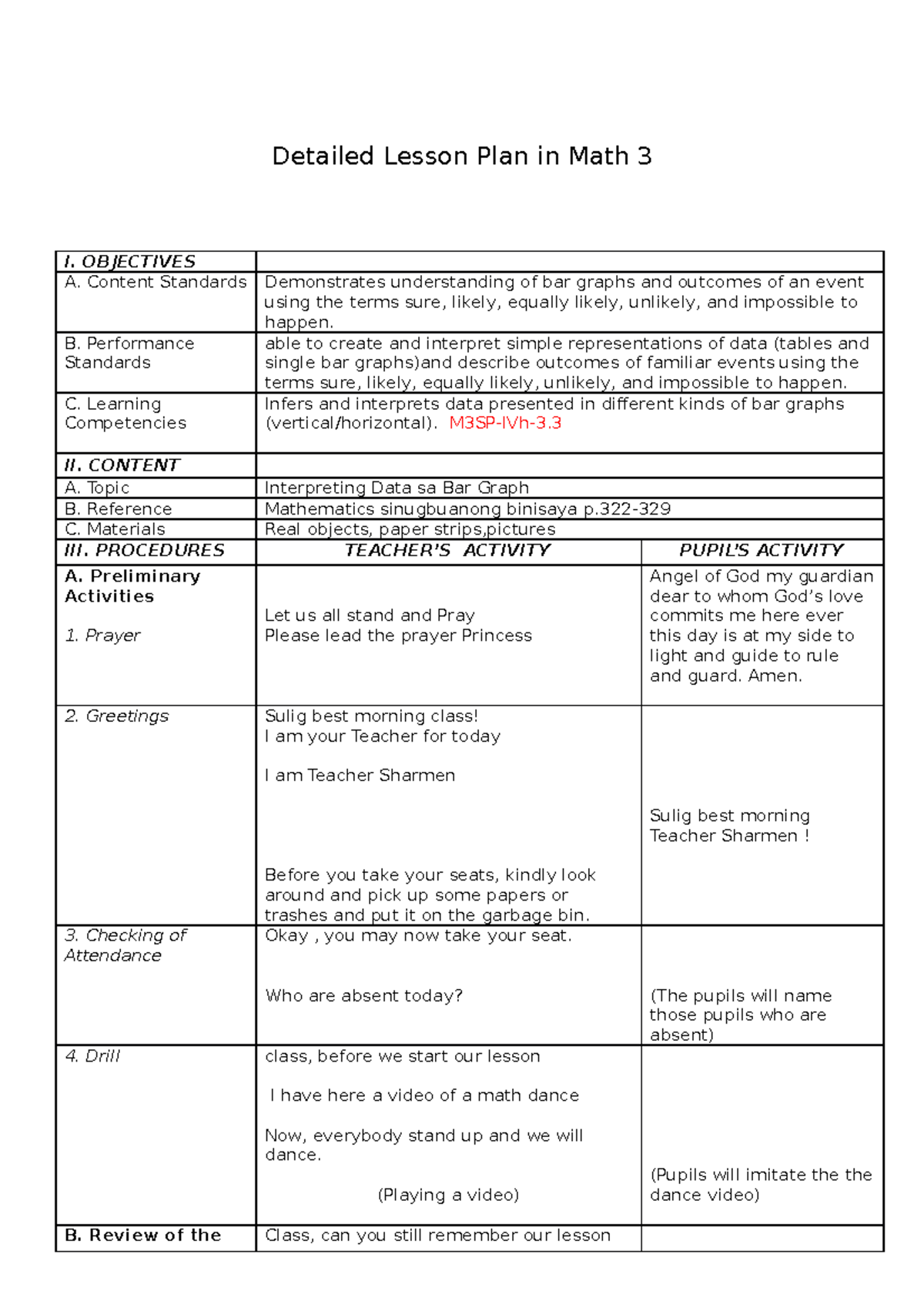 Detailed Lesson Plan In Math 3 Detailed Lesson Plan In Math 3 I