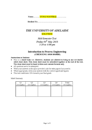 IPE test 2016 Question - CHEM ENG 1007 - Adelaide University - Studocu