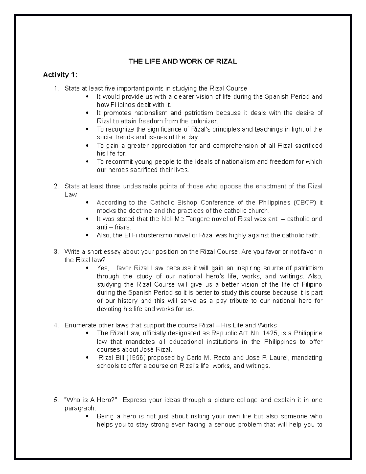 Activity 1 The Life and Work of Rizal - THE LIFE AND WORK OF RIZAL ...
