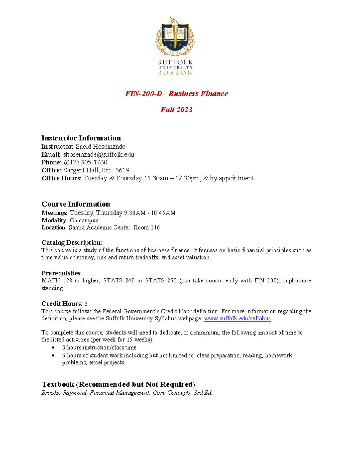 Syllabus FIN 200 E 1 - FIN-200-D– Business Finance Fall 2023 Instructor Information Instructor ...