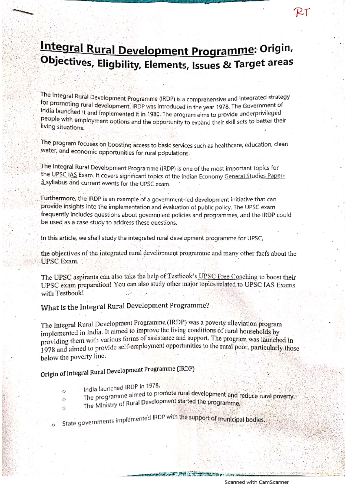 IRDP (RT) - Class notes - RT Integral Rural Development Programme ...