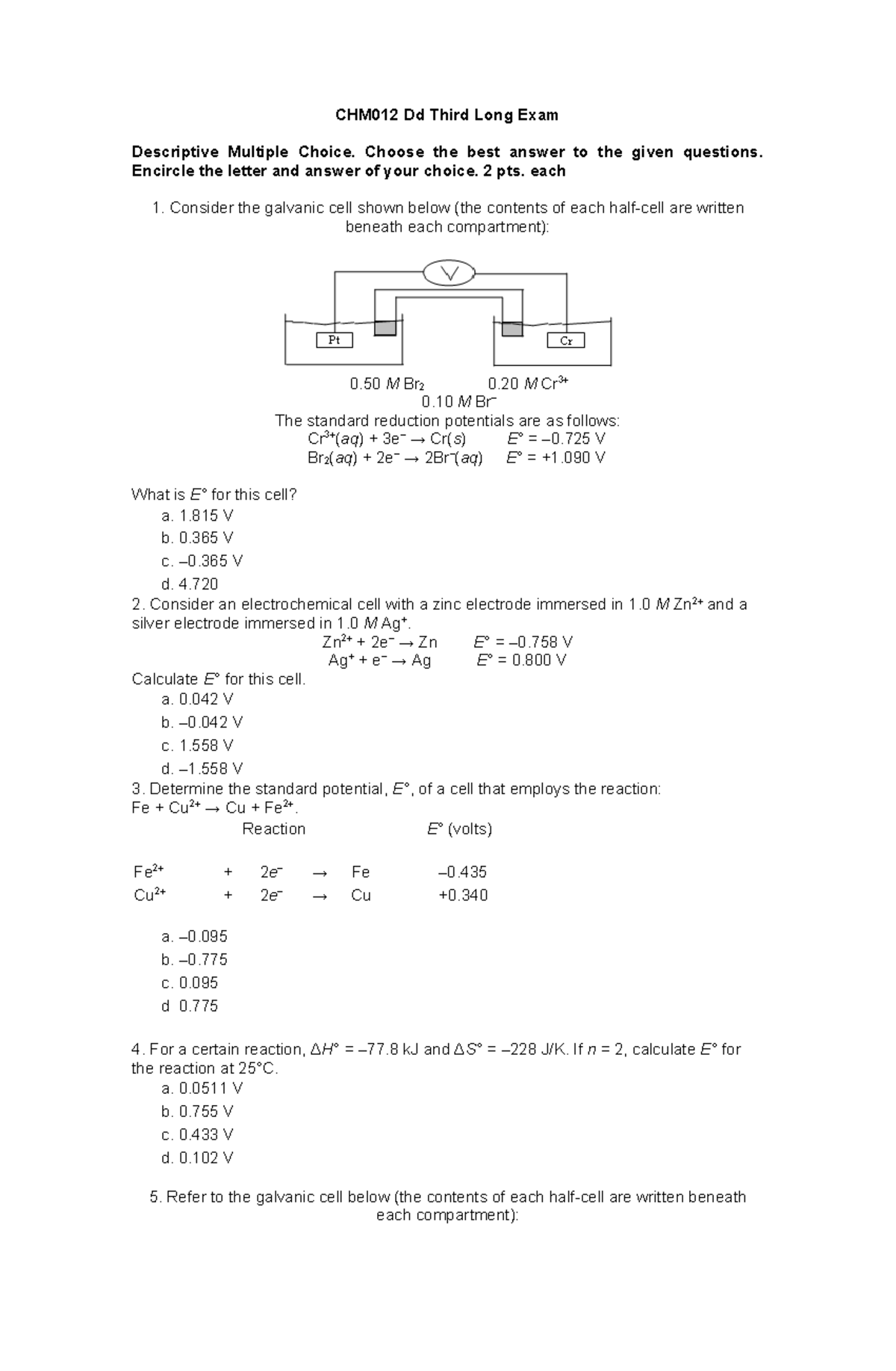 CHM012 Third Long Exam - CHM012 Dd Third Long Exam Descriptive Multiple ...