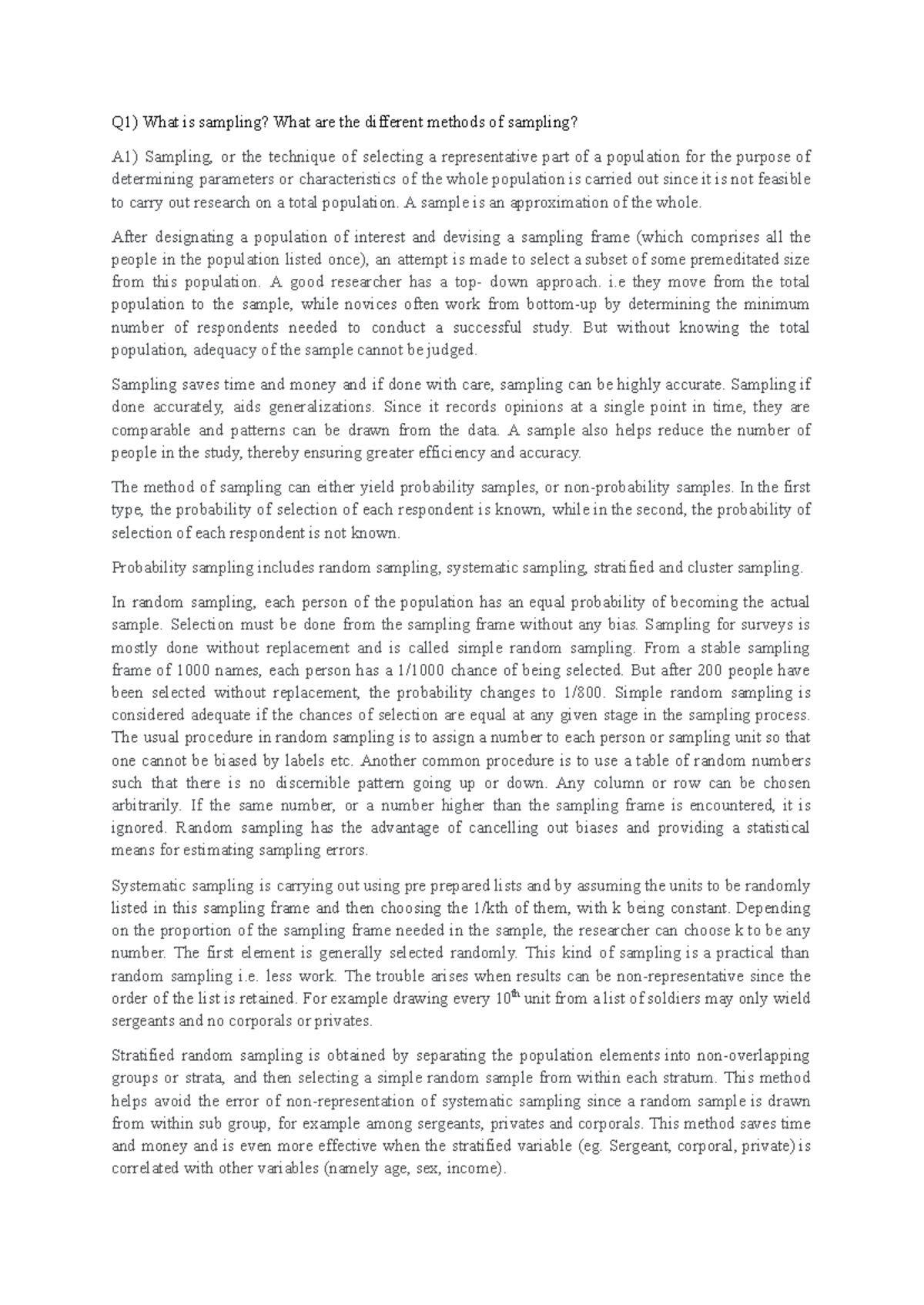 Sampling - Summary Research Methods in Psychology - Q1) What is ...