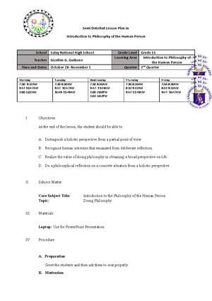 DLP COT WEEK1 HOPE - DAILY LESSON PLAN SAMPLE - Semi Detailed Lesson ...