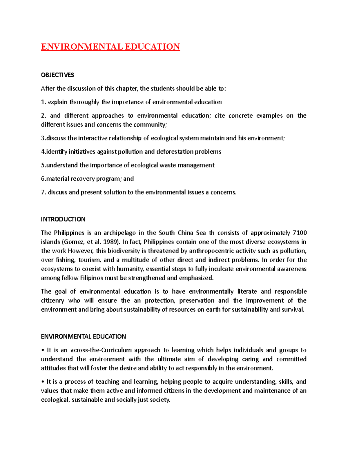 Environmental Education - ENVIRONMENTAL EDUCATION OBJECTIVES After the ...