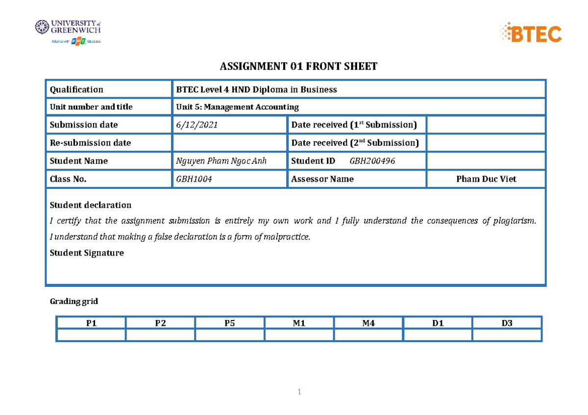 489 Assignment 01 Front Sheet Fall2020 - ASSIGNMENT 01 FRONT SHEET Qualification BTEC Level 4 ...