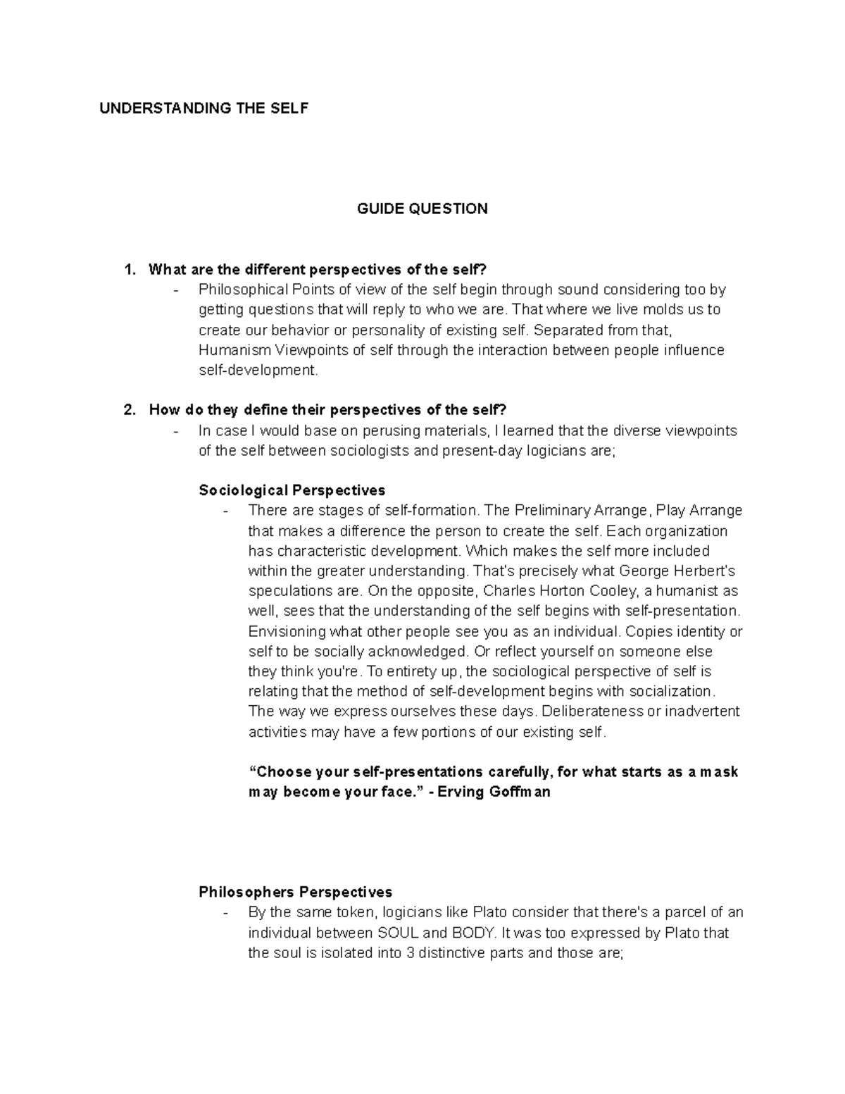 Understanding THE SELF Guide Questions - UNDERSTANDING THE SELF GUIDE ...