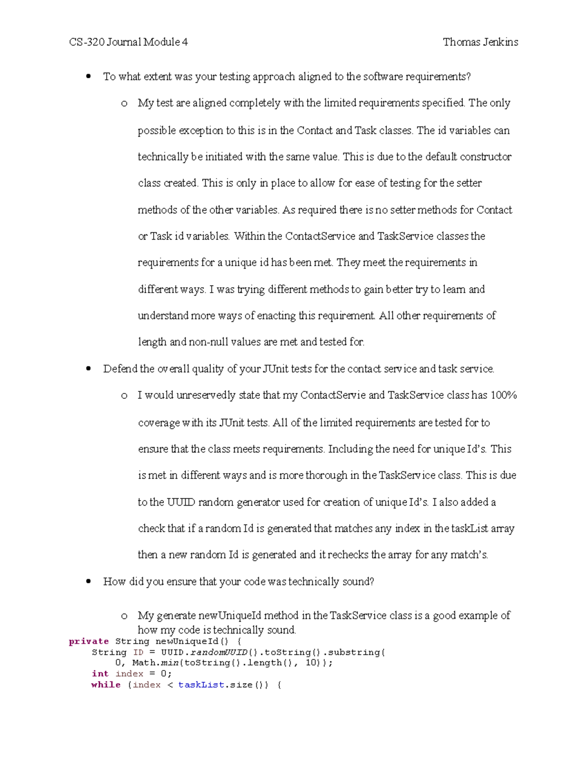 CS320 Module 4 Journal Thomas J - CS-320 Journal Module 4 Thomas Jenkins To what extent was your ...