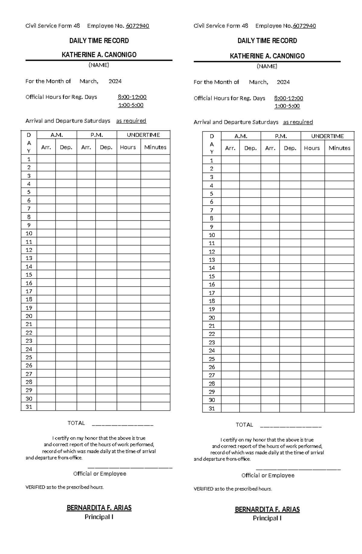 DTR - Civil Service Form 48 Employee No. 6072940 DAILY TIME RECORD ...