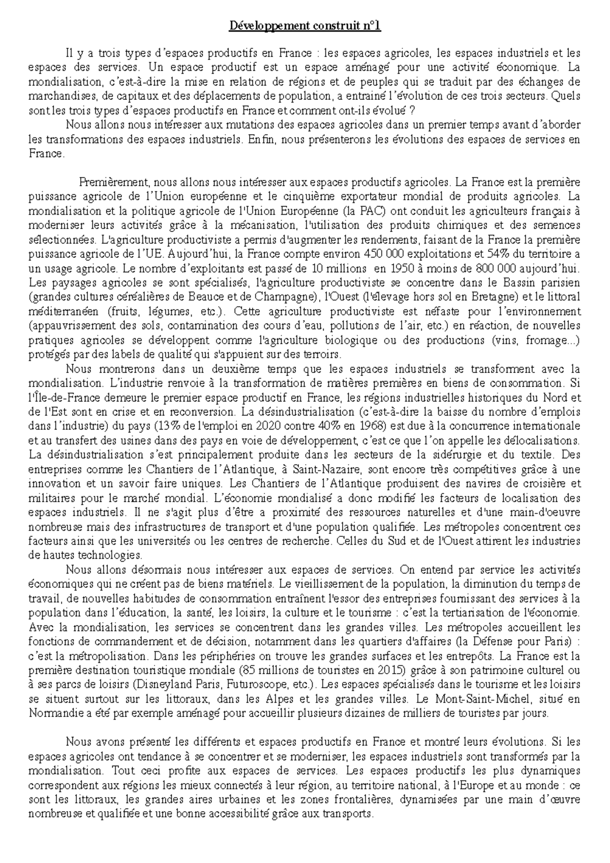 Espaces productifs développement construit correction - Développement ...