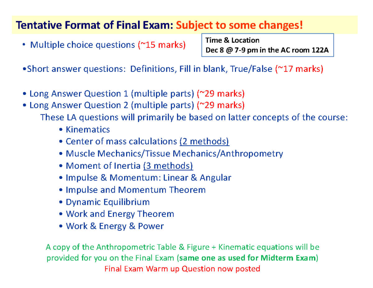 Final Exam Concepts 2023 - Tentative Format of Final Exam: Subject to ...