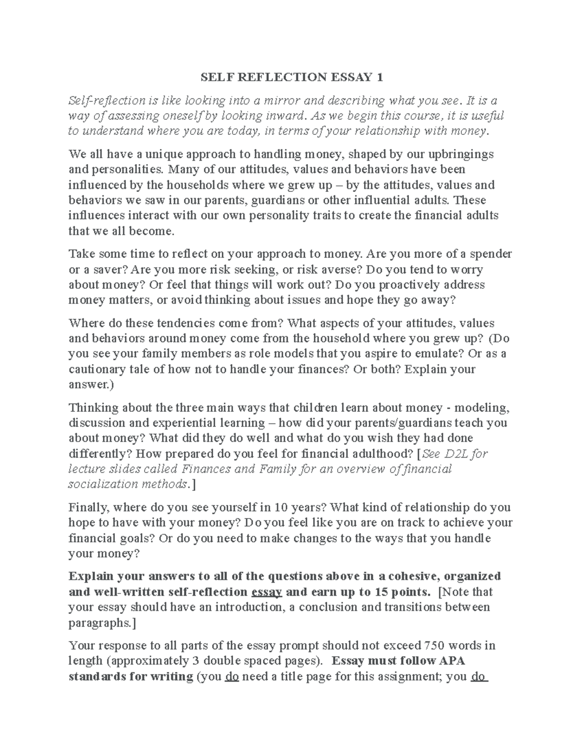 SELF Reflection Essay 1 Instructions - SELF REFLECTION ESSAY 1 Self ...