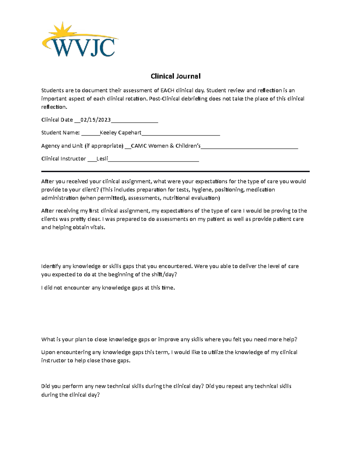 204 clinical journal 3 - Clinical Journal Students are to document ...