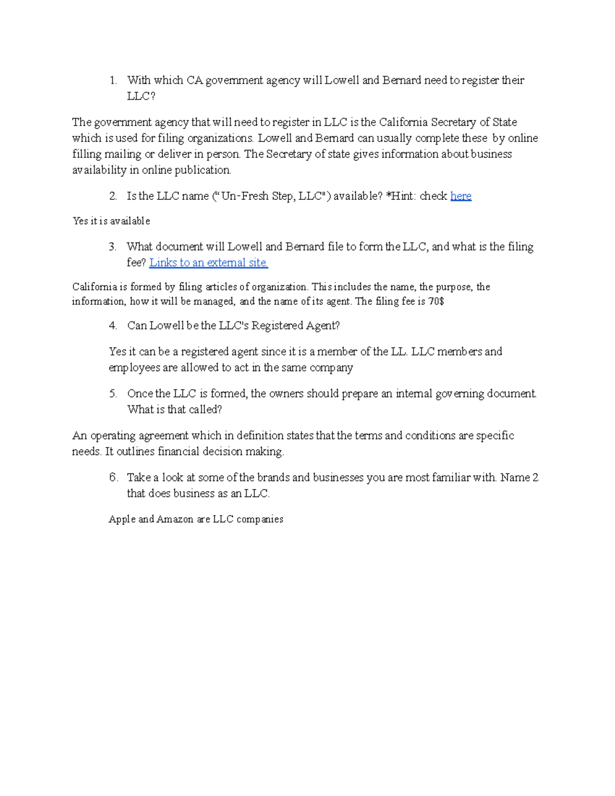LLc - Notes - With which CA government agency will Lowell and Bernard ...