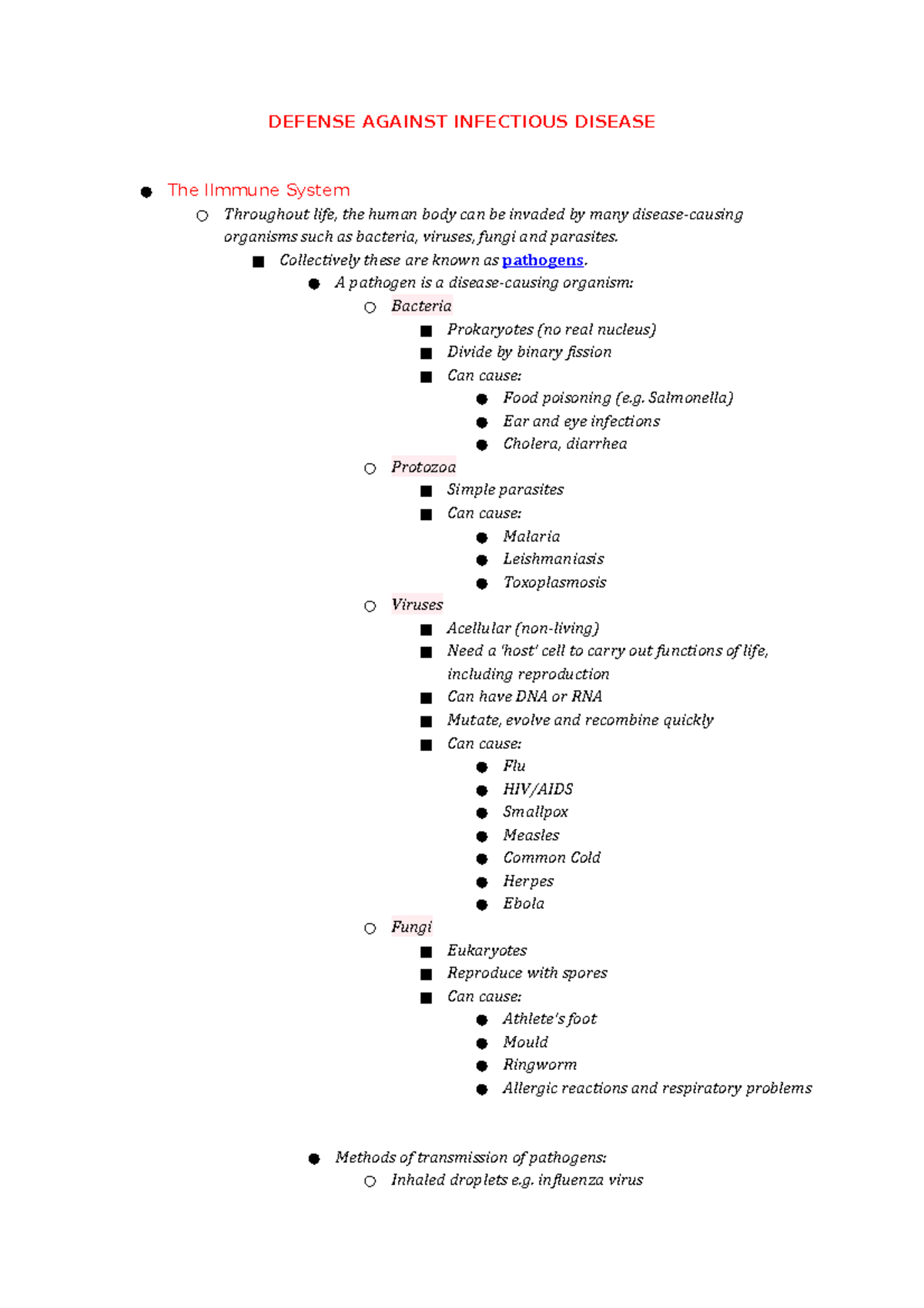 6 - Summary. - DEFENSE AGAINST INFECTIOUS DISEASE The IImmune System ...