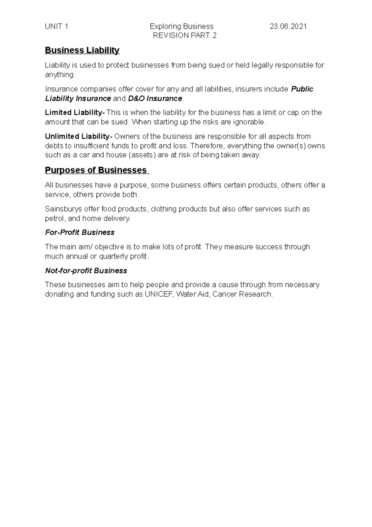 BTEC Business Unit 1 Liability and Purposes - UNIT 1 Exploring Business 23. REVISION PART 2 ...